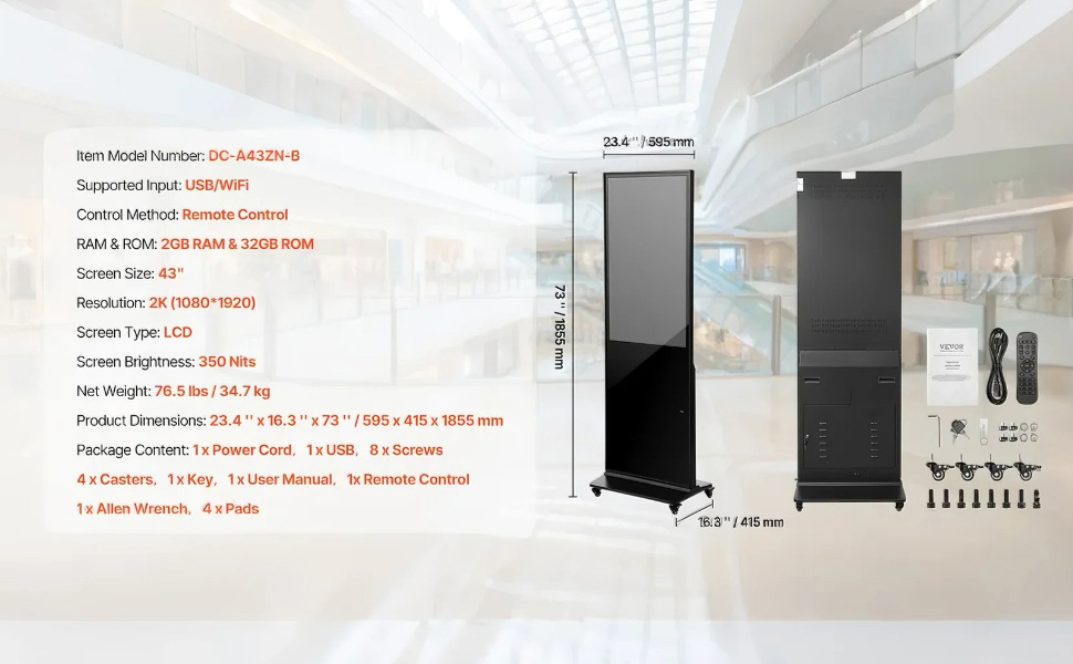 43" Digital Signage Display Non-touch Screen 2K UHD LCD Floor Standing ...