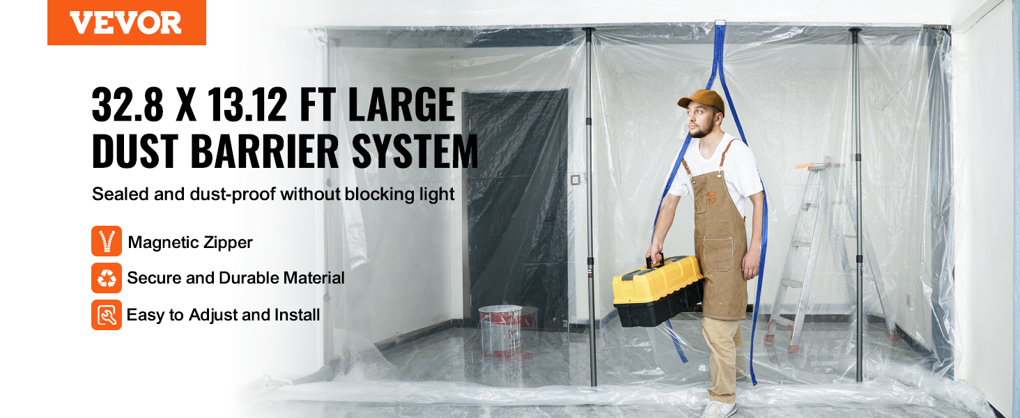 VEVOR Dust Barrier Poles, 12 Ft Barrier Poles, Dust Barrier System with ...