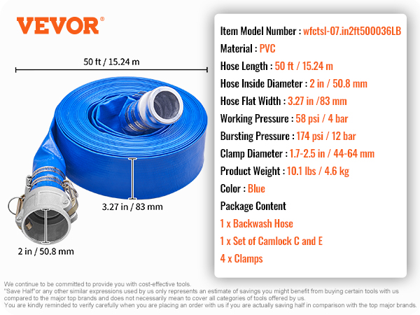 VEVOR Backwash Hose, 2 in x 50 ft, Heavy-Duty PVC Flat Pool Discharge ...