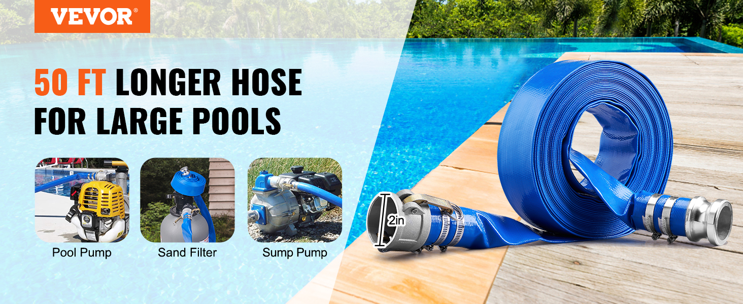 VEVOR Backwash Hose, 2 in x 50 ft, Heavy-Duty PVC Flat Pool Discharge ...