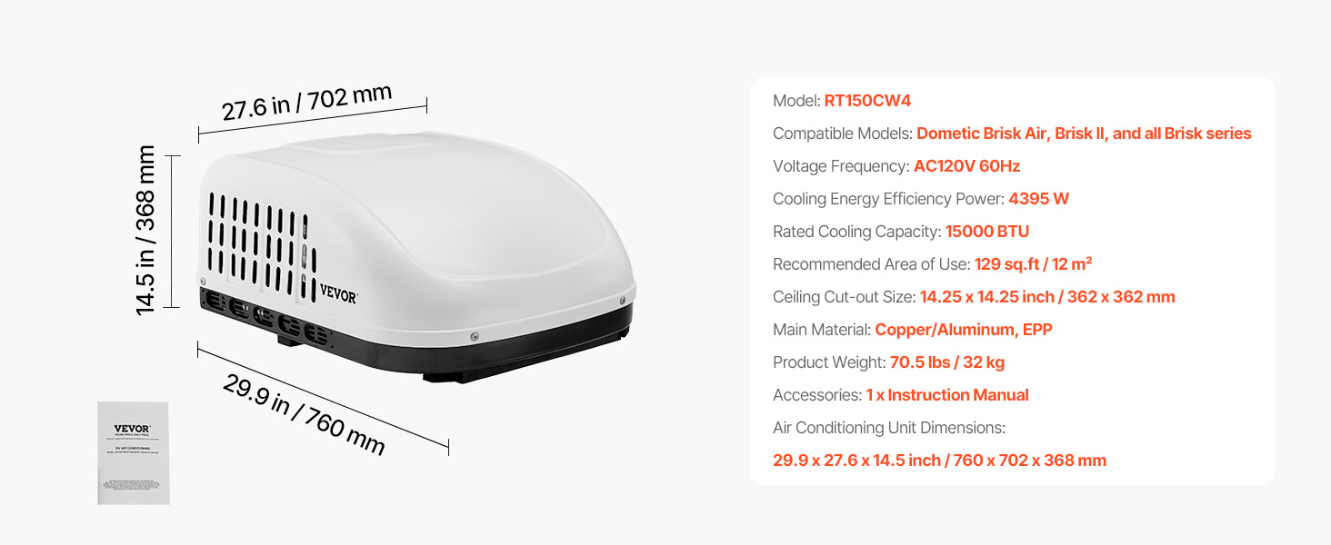 RV Air Conditioner 15000 BTU Non-Ducted Rooftop RV AC 65 dB Quiet for ...