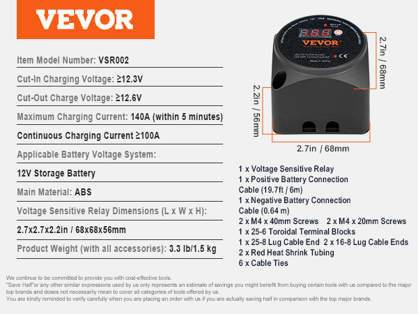 VEVOR Split Charge Relay Kit Voltage Sense Relay 12V 140A Dual Battery ...