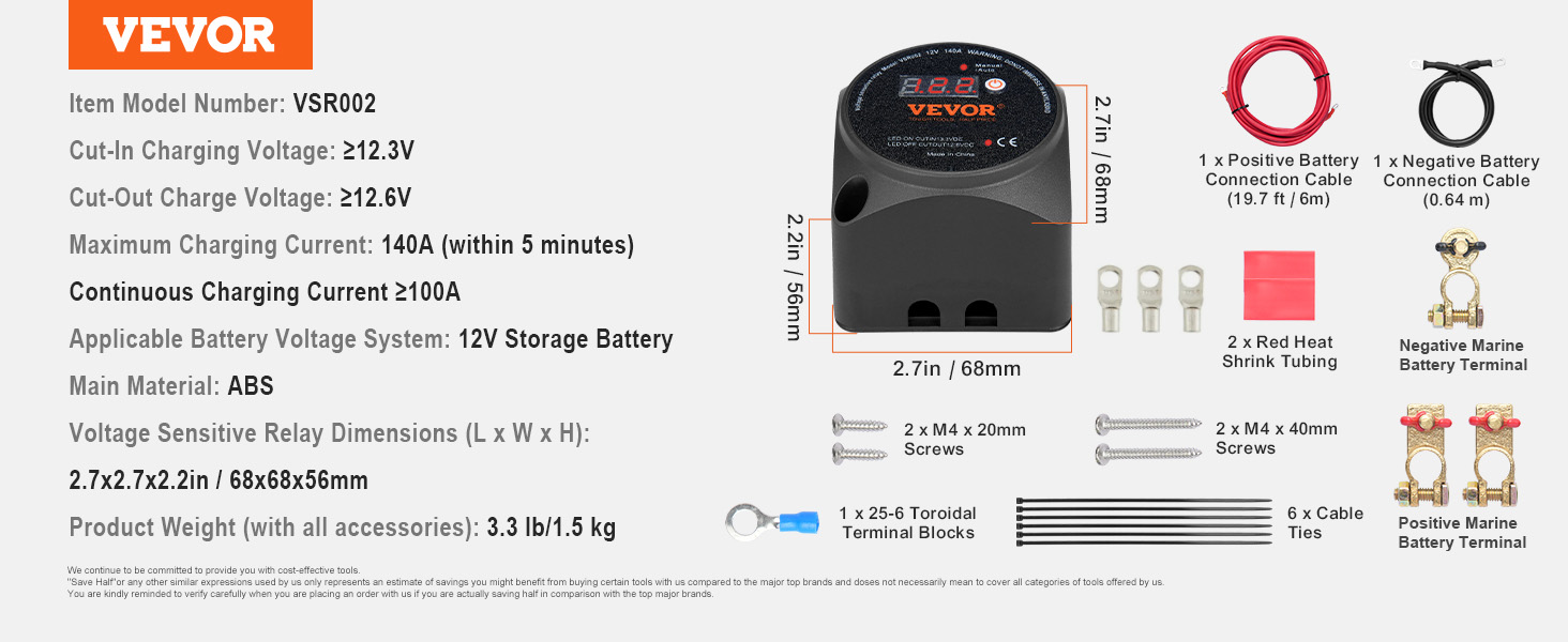 VEVOR Split Charge Relay Kit Voltage Sense Relay 12V 140A Dual Battery ...