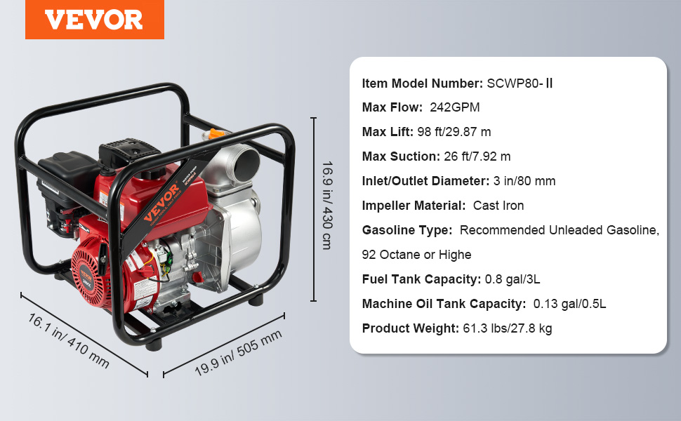 VEVOR Gasoline Engine Water Pump Gas Powered Transfer Pump 80 mm 7HP 4 ...