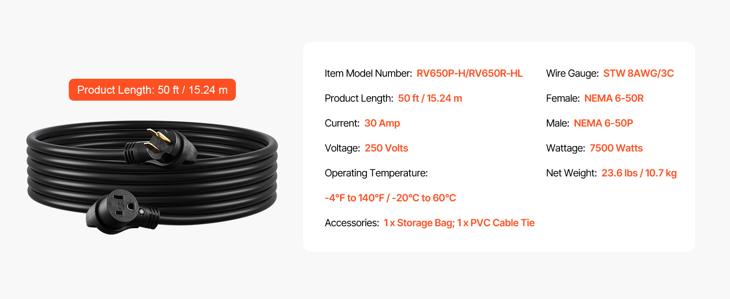 30A Generator Extension Cord 50 ft 250V NEMA 6-50P to 6-50R 7500W Power ...