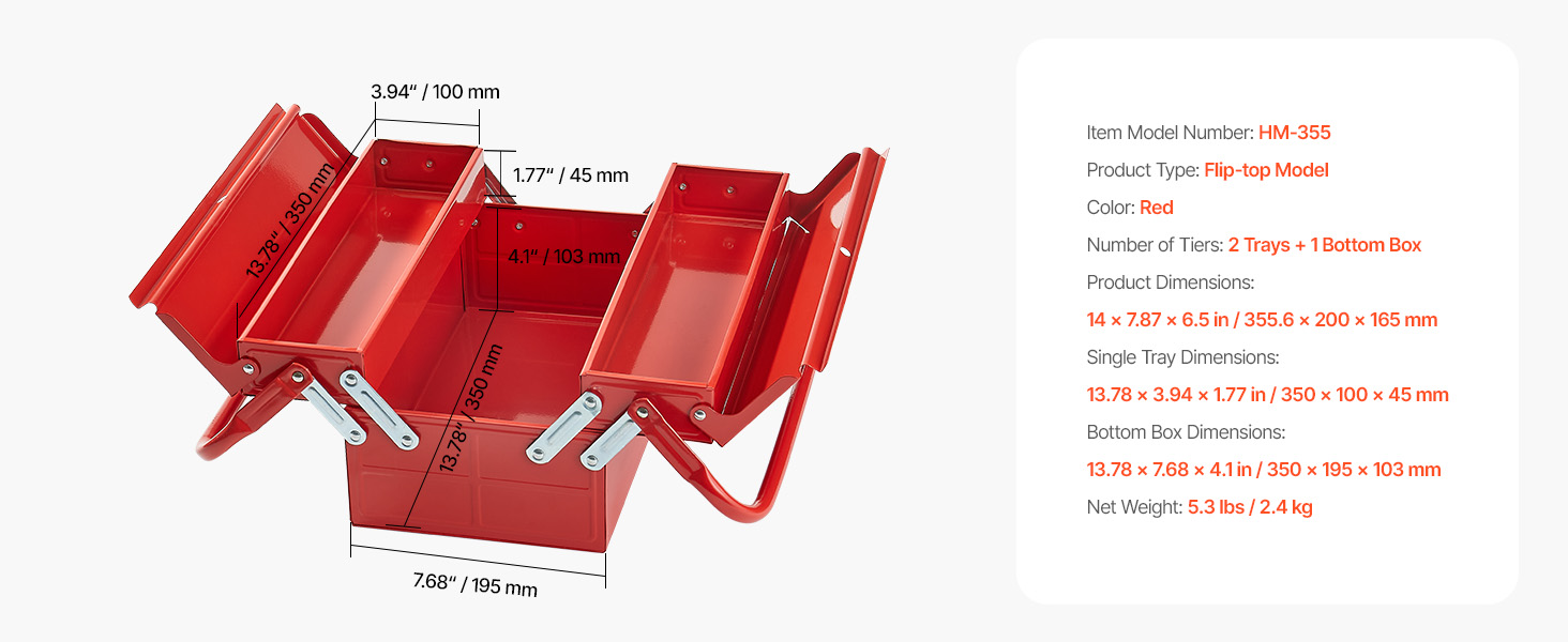 Tool Box 14-inch 2-Tier 3-Tray Folding Cantilever Toolbox with Handle ...