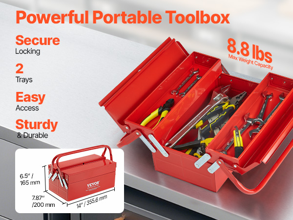 VEVOR Tool Box 14-inch 2-Tier 3-Tray Folding Cantilever Toolbox with ...
