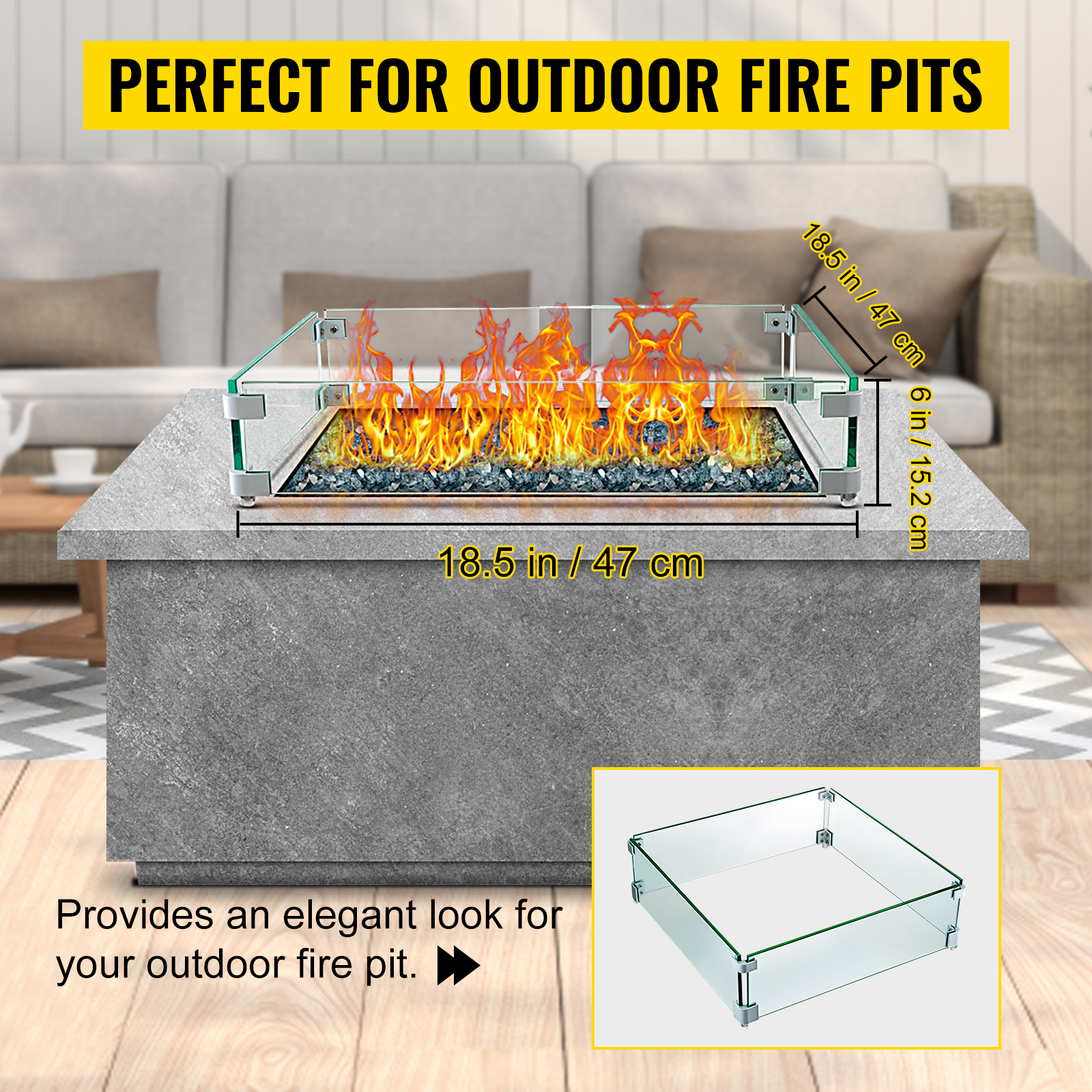 VEVOR Square Fire Pit Wind Guard, 19" x 19" x 6" Glass Flame Guard ...