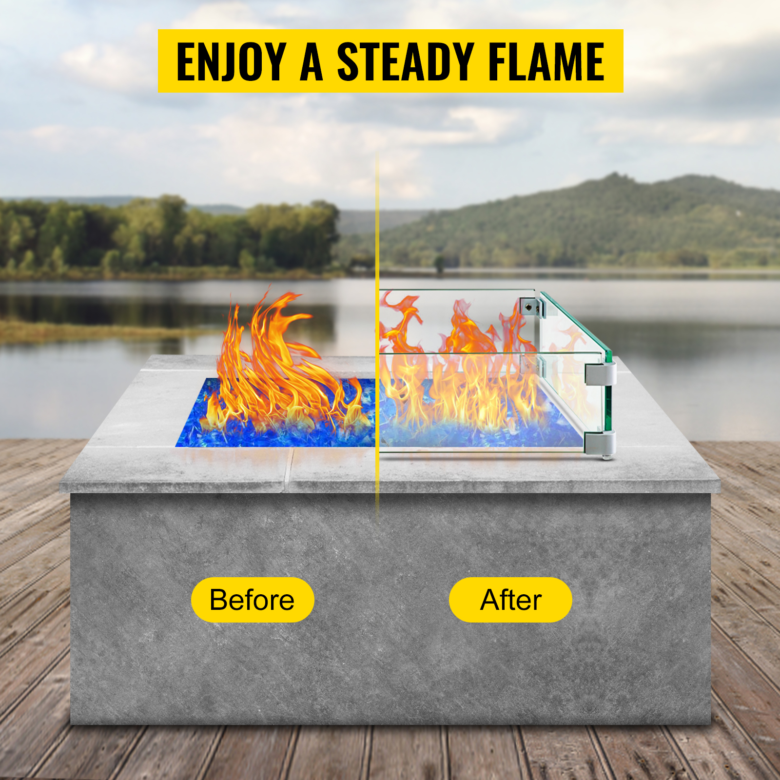VEVOR Square Fire Pit Wind Guard, 19" x 19" x 6" Glass Flame Guard ...