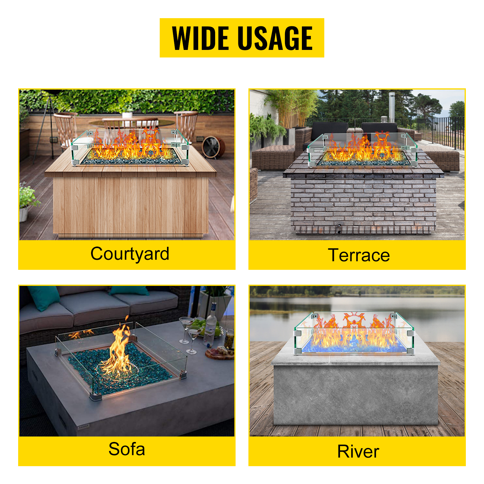VEVOR Square Fire Pit Wind Guard, 19" x 19" x 6" Glass Flame Guard ...