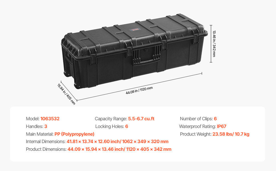 VEVOR 5.5 Cu.ft Weatherproof Hard Case with 3 Handles Large Capacity ...