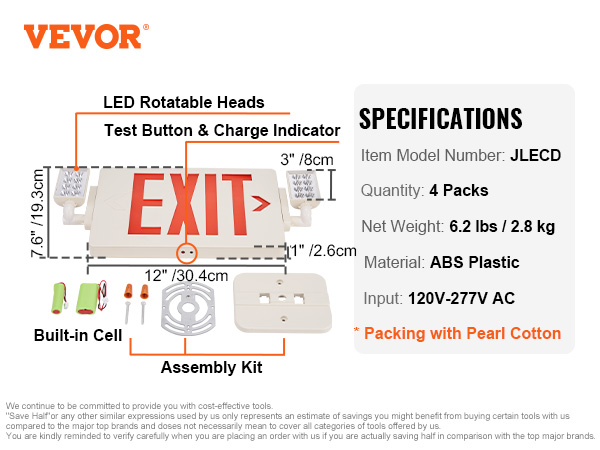 VEVOR LED Exit Sign with Emergency Lights, Two Heads Emergency Exit ...