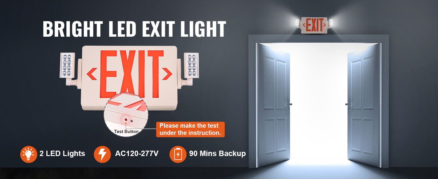 VEVOR LED Exit Sign with Emergency Lights, Two Heads Emergency Exit ...
