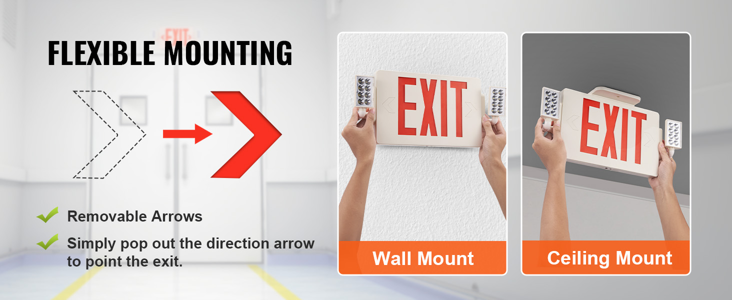 VEVOR LED Exit Sign with Emergency Lights, Two Heads Emergency Exit ...