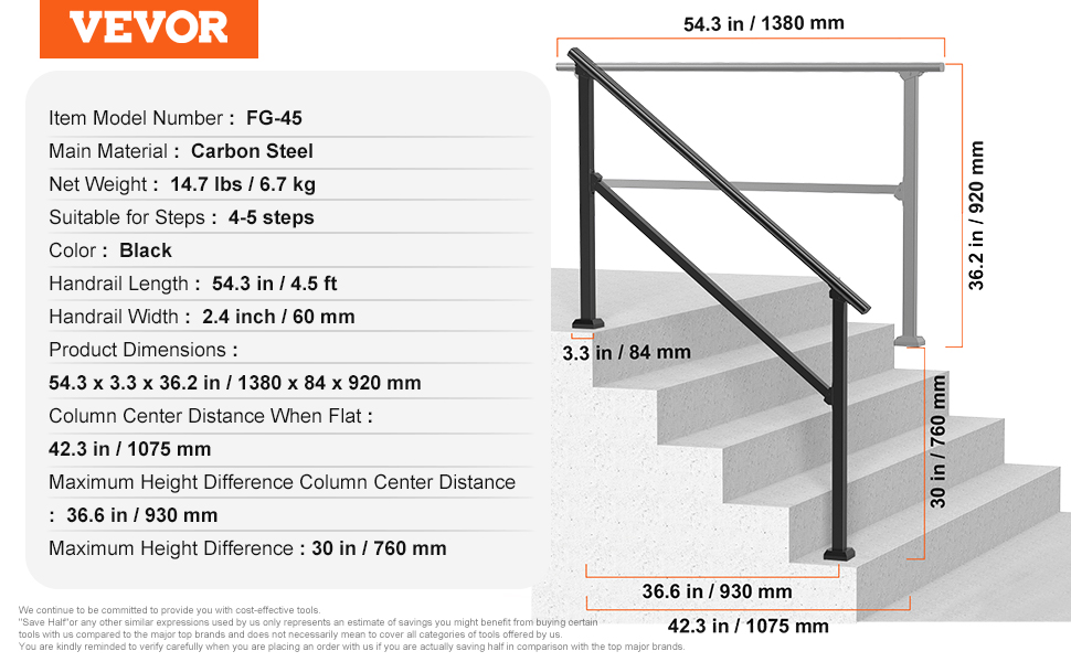 VEVOR 4-5 Handrails for Outdoor for Seniors Porch Deck Black Square ...