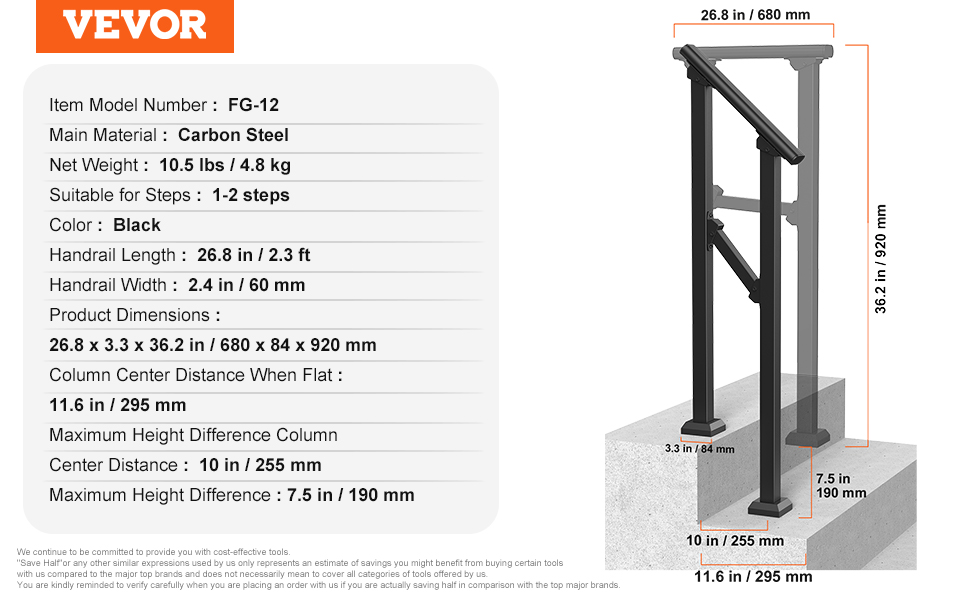 VEVOR 1-2 Handrails for Outdoor for Seniors Porch Deck Black Square ...