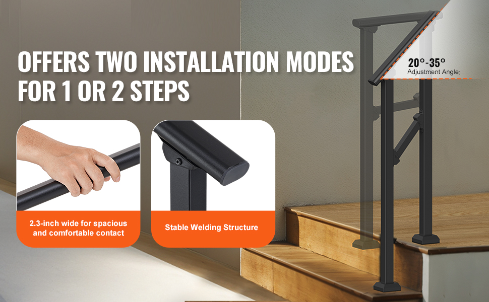 VEVOR 1-2 Handrails for Outdoor for Seniors Porch Deck Black Square ...