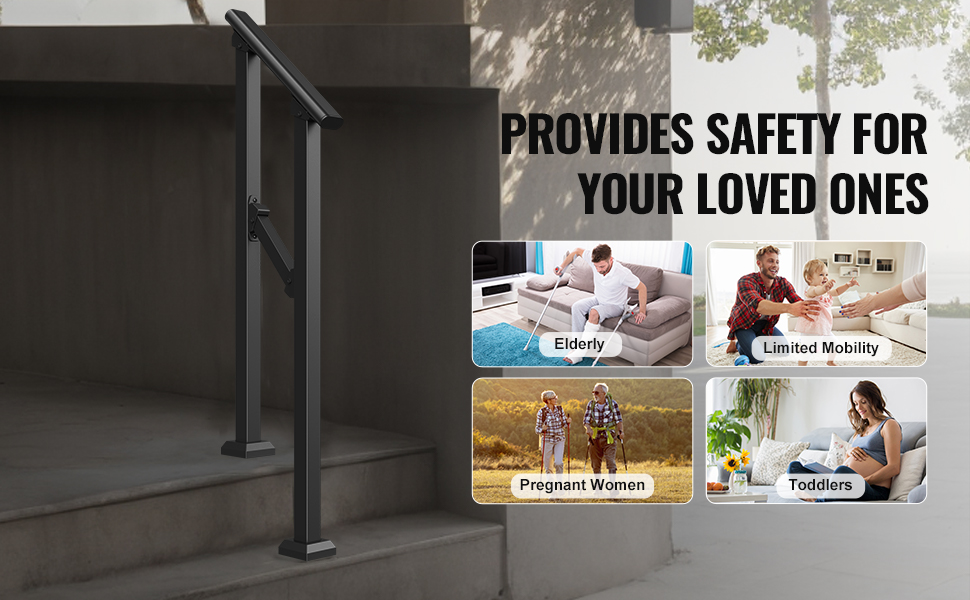 VEVOR 1-2 Handrails for Outdoor for Seniors Porch Deck Black Square ...