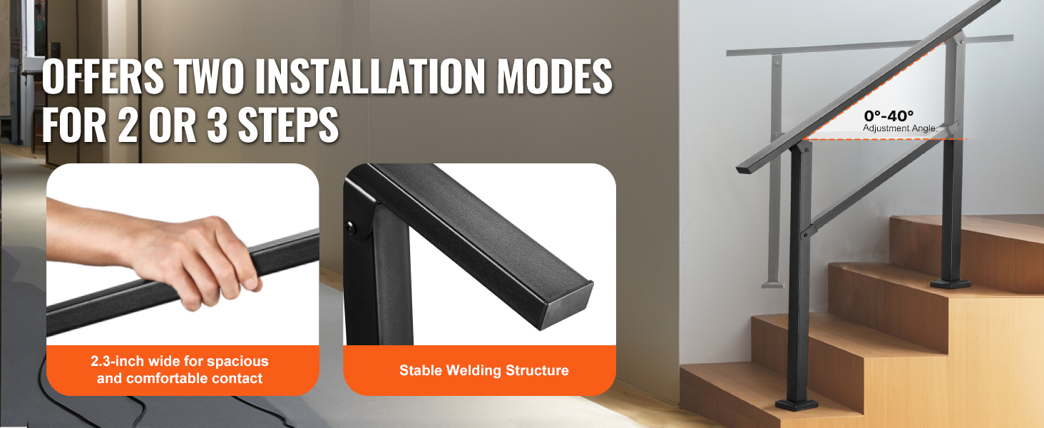 VEVOR Outdoor Handrails for 2-3 Step Stairs Black Square Tube Easy ...