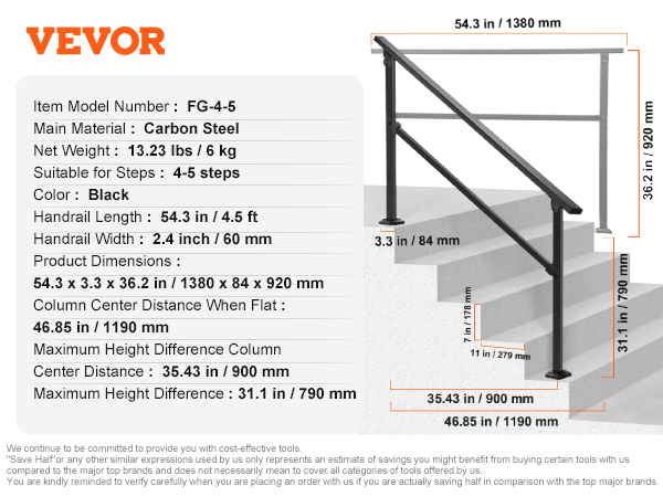 Outdoor Handrails for 4-5 Step Stairs Black Square Tube Easy Install ...
