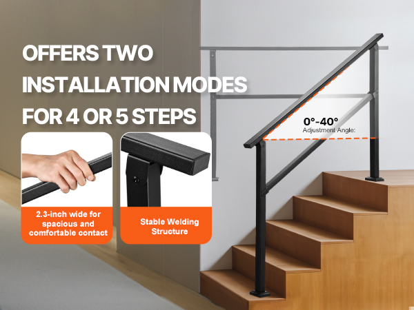 Outdoor Handrails for 4-5 Step Stairs Black Square Tube Easy Install ...