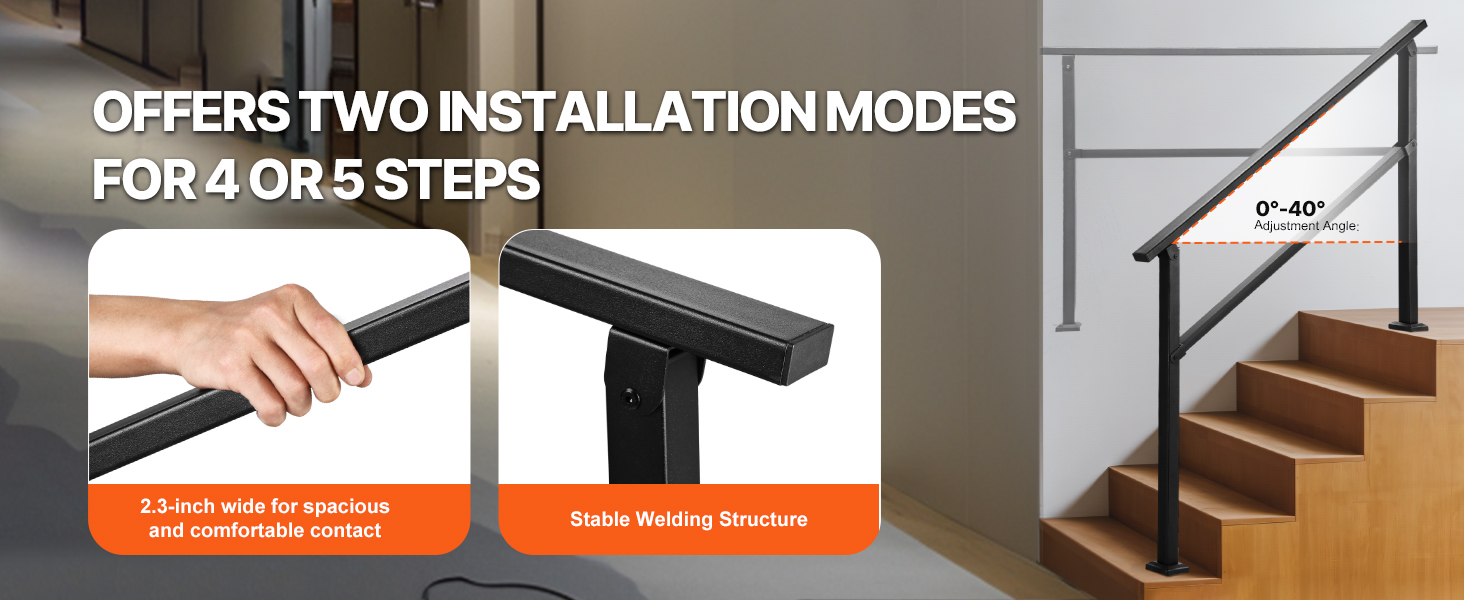 VEVOR Outdoor Handrails for 4-5 Step Stairs Black Square Tube Easy ...