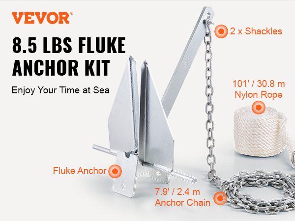 VEVOR Fluke Style Anchor Kit, 8.5 LBS Hot-Dipped Galvanized Steel Fluke ...