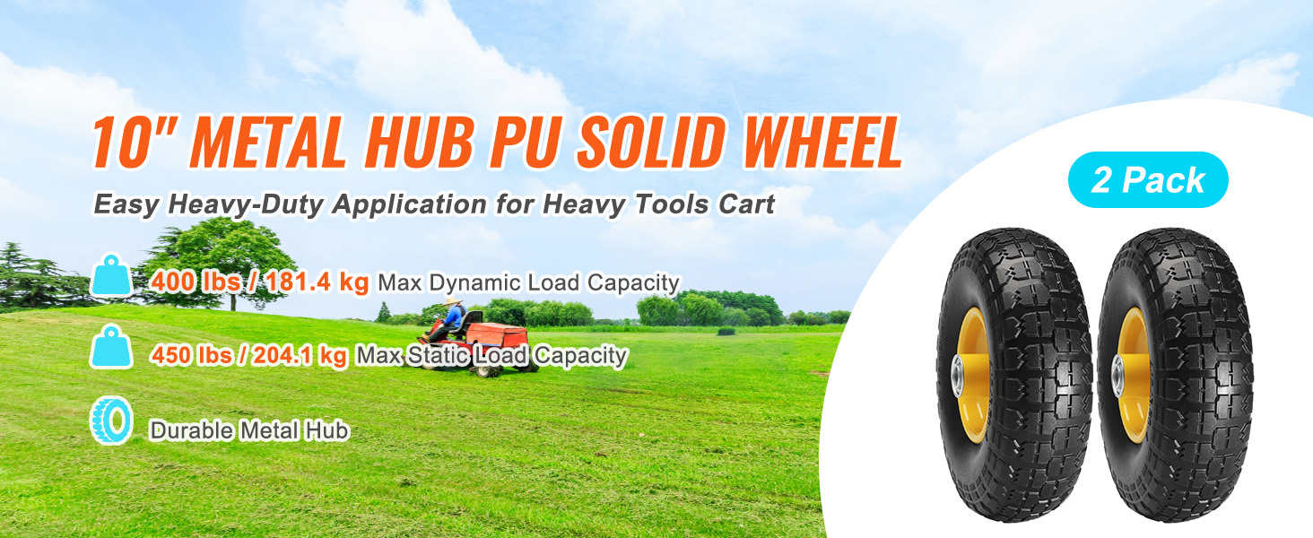 VEVOR Solid PU Run-Flat Tire Wheel, 10", 2-Pack, 400 lbs Dynamic Load ...