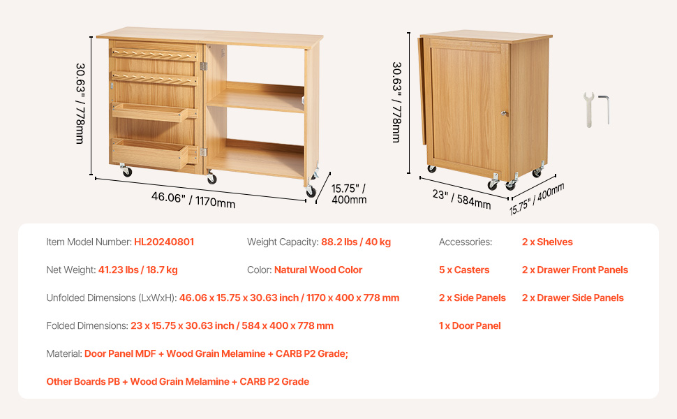 Folding Sewing Table with Lockable Wheels Storage Shelves Trays Door ...