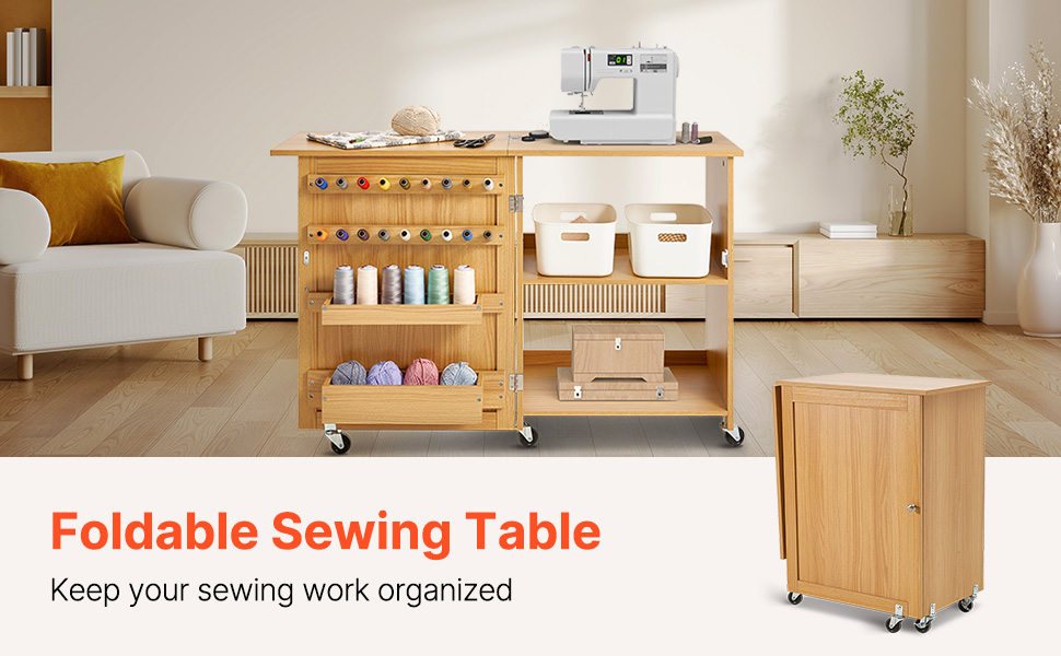 Folding Sewing Table with Lockable Wheels Storage Shelves Trays Door ...