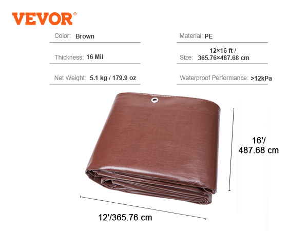 VEVOR Tarp Waterproof 12 x 16 ft 16 Mil Plastic Poly Tear UV Resistant ...