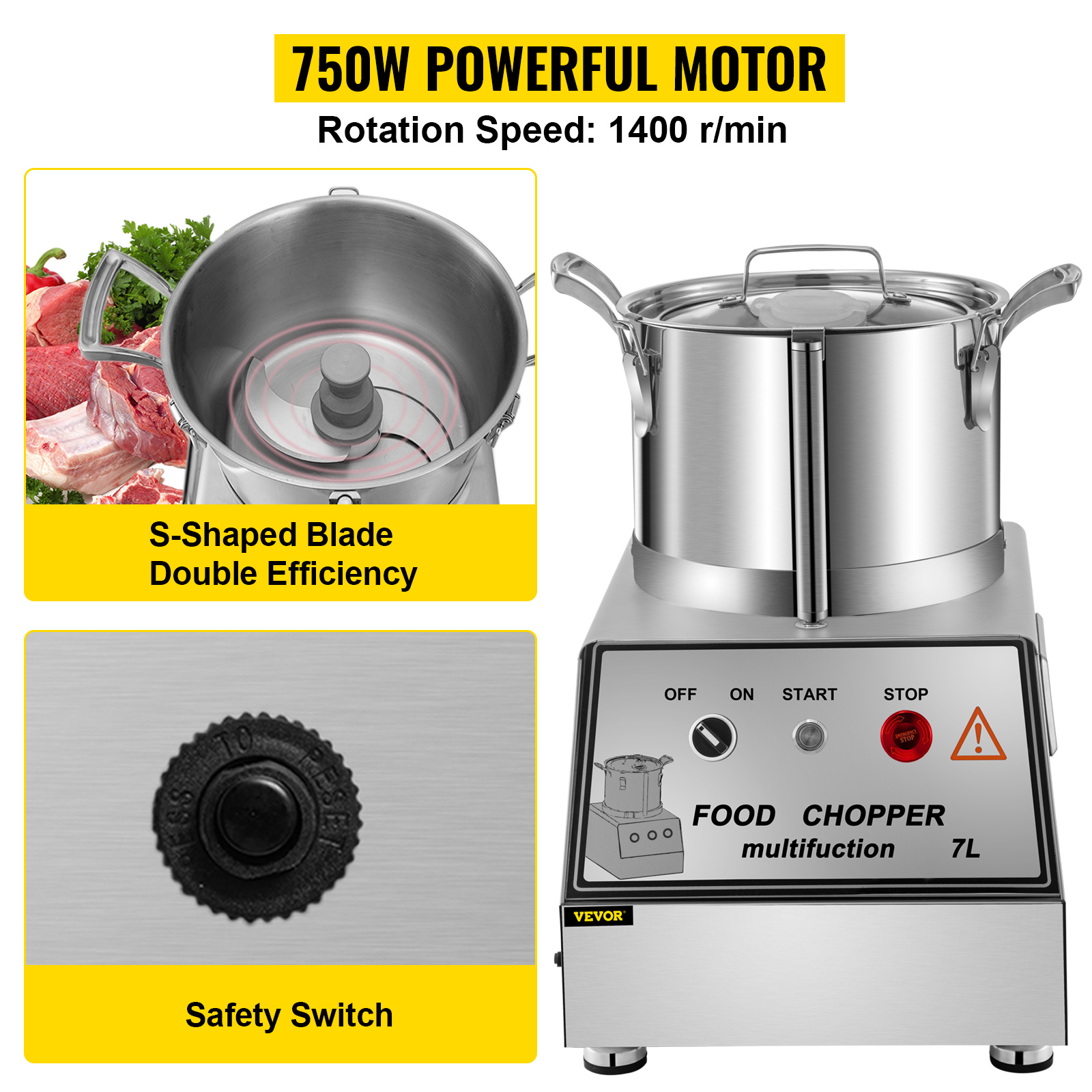VEVOR 110V Commercial Food Processor 7L Capacity 750W Electric Food ...