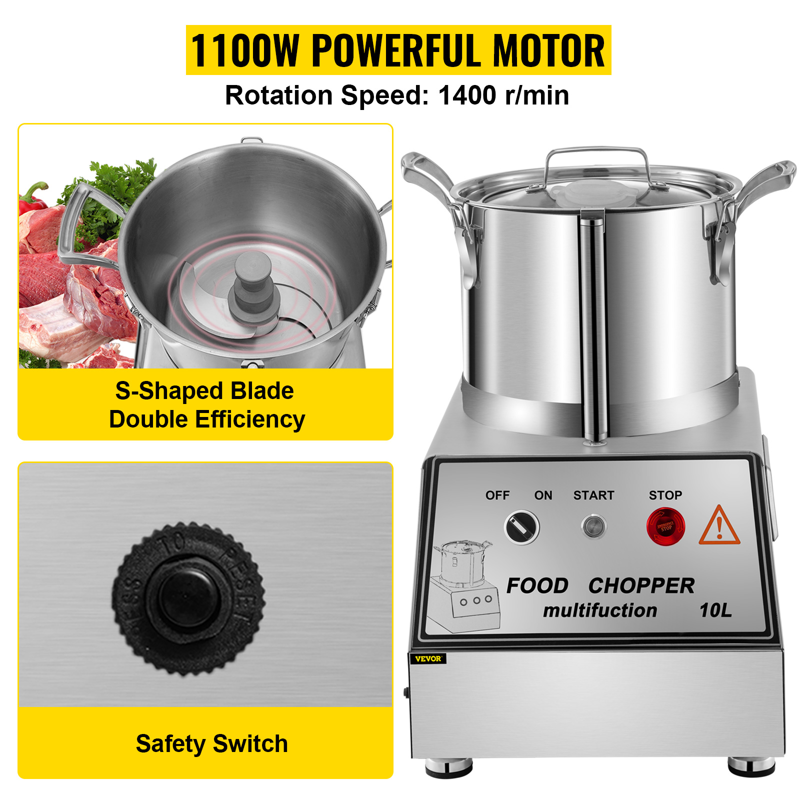 VEVOR 110V Commercial Food Processor 10L Capacity 1100W Electric Food ...