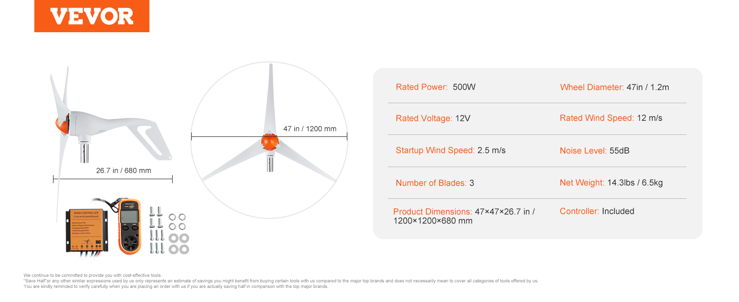 VEVOR 500W Wind Turbine Generator 12V 3-Blade Wind Turbine Kit with ...