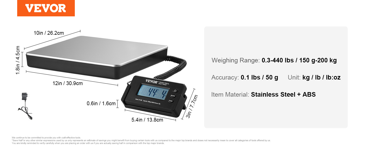 VEVOR Digital Shipping Scale, 440 lbs x 1.7 oz. Heavy Duty Postal Scale ...
