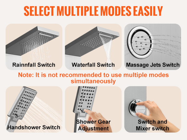VEVOR Shower Panel System, 4 Shower Modes Shower Panel Tower, Rainfall ...