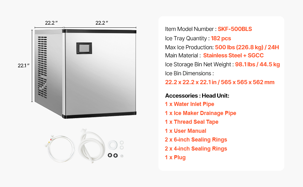 Commercial Ice Maker Machine 500 lbs/24 h Self-Cleaning Ice Machine ...