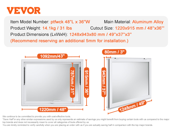 VEVOR Concession Window 48"x36", Aluminum Alloy Food Truck Service ...