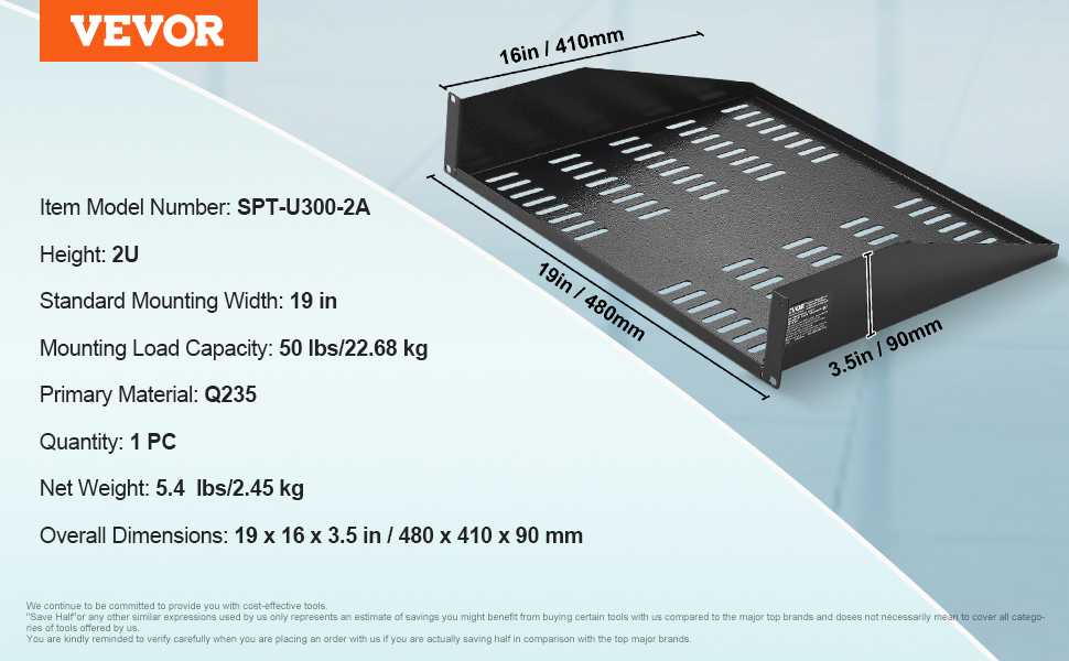 VEVOR 2U Server Rack Shelf 16"/406 mm Depth Vented Rack Mount Shelf ...
