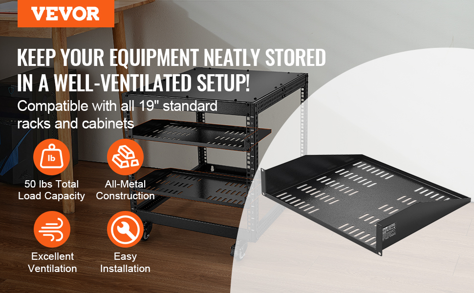 VEVOR 2U Server Rack Shelf 16"/406 mm Depth Vented Rack Mount Shelf ...