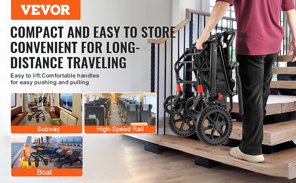 VEVOR Wheelchair Aluminum Alloy Transport Chair Foldable 18-In W Seat ...