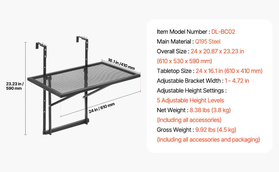 VEVOR Balcony Hanging Table 19 x 24 in Metal Patio Railing Table ...