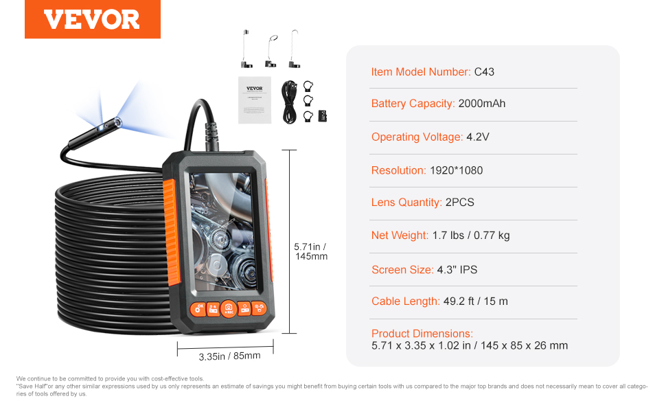 VEVOR Endoscope Camera with Lights Dual Lens Borescope 49.2FT Cable 4.3 ...