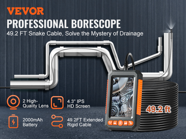 VEVOR Endoscope Camera with Lights Dual Lens Borescope 49.2FT Cable 4.3 ...