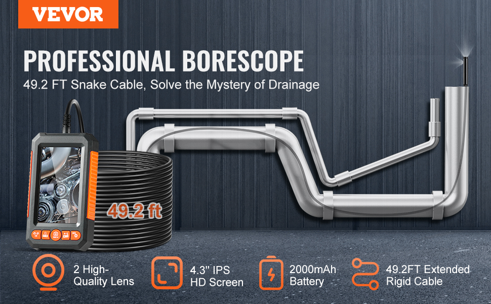 VEVOR Endoscope Camera with Lights Dual Lens Borescope 49.2FT Cable 4.3 ...