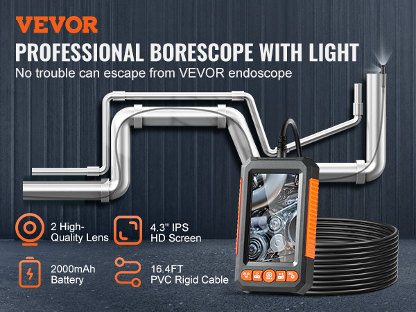 VEVOR Endoscope Camera with Lights Dual Lens Borescope 16.4FT Cable 4.3 ...
