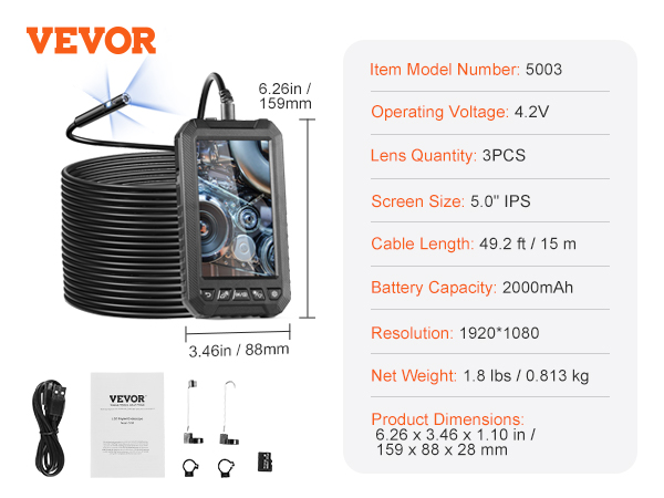 VEVOR Endoscope Camera with Lights Triple Lens Borescope 49.2FT Cable 5 ...