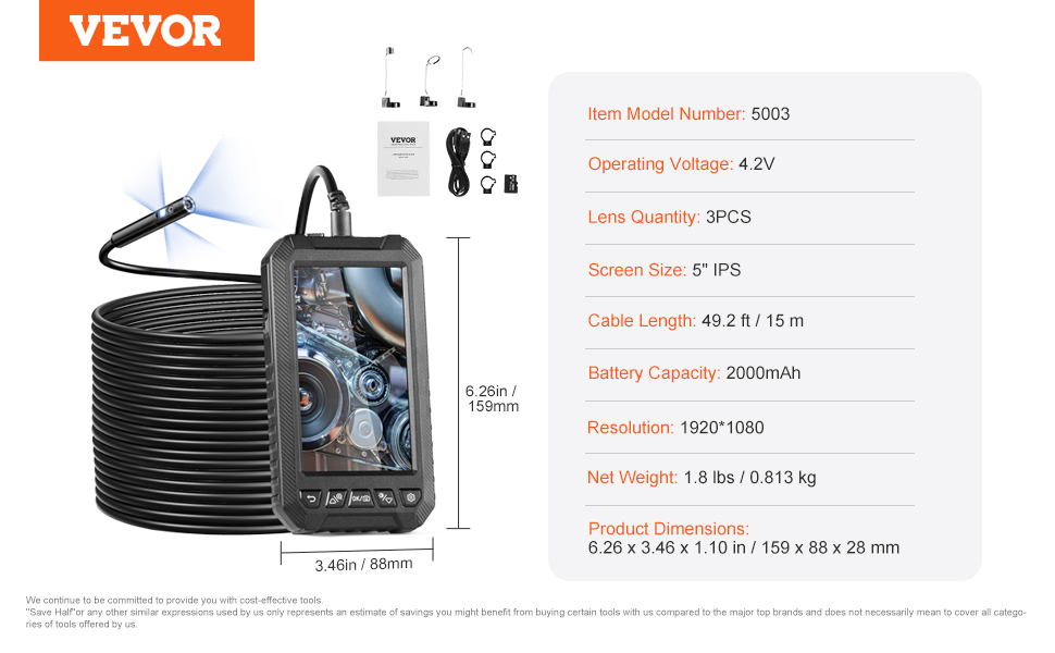 VEVOR Endoscope Camera with Lights Triple Lens Borescope 49.2FT Cable 5 ...