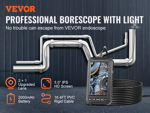 VEVOR Endoscope Camera with Lights Triple Lens Borescope 16.4FT Cable 5 ...
