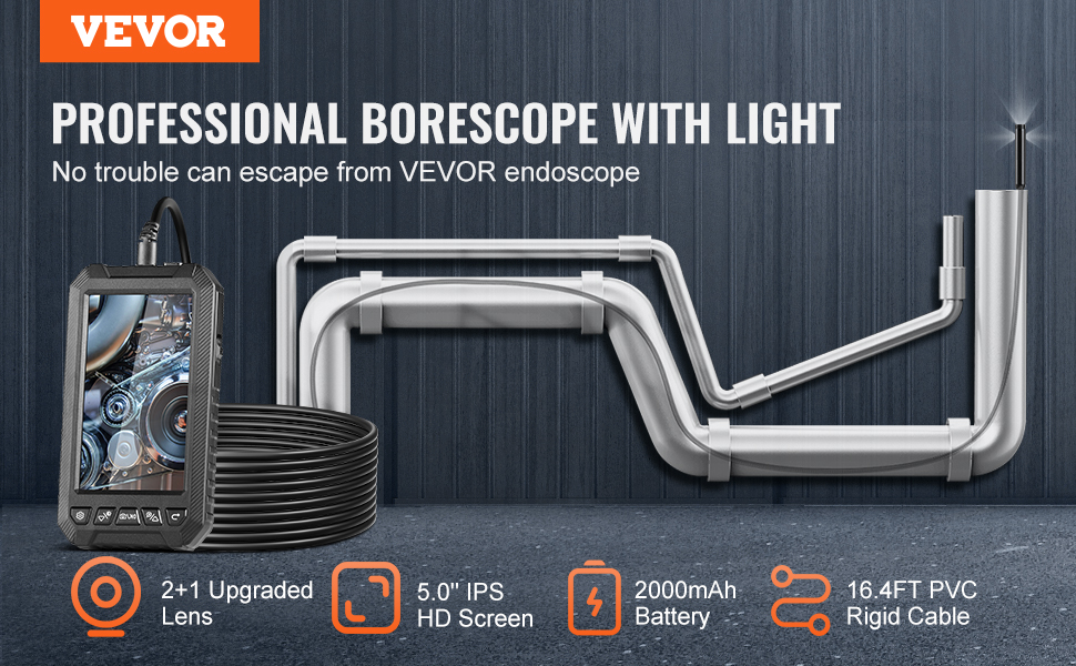 VEVOR Endoscope Camera with Lights Triple Lens Borescope 16.4FT Cable 5 ...